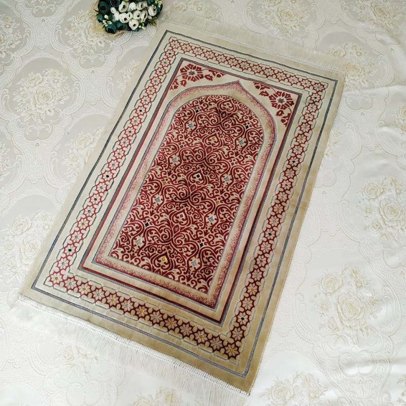 Cream Color Velvet Muslim Prayer Mat Sajjadah | KocGifts