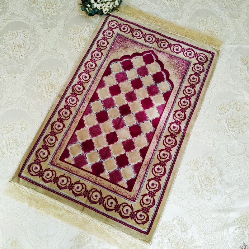 Cream - Pink Color Velvet Muslim Prayer Rug | KocGifts