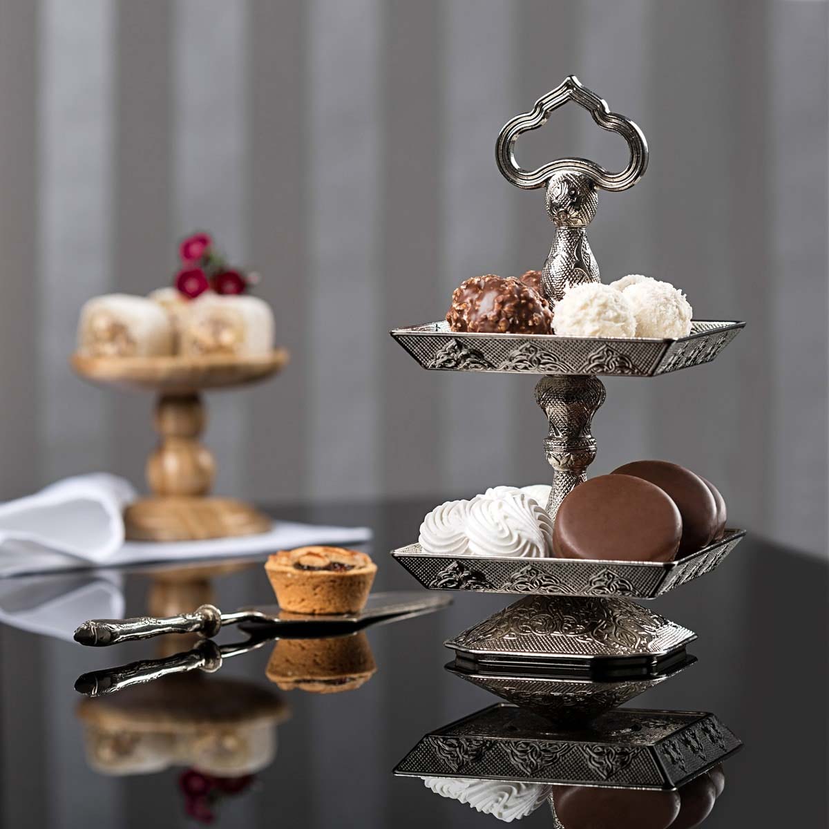 Two Tier Oval Silver Cookie Serving Tray | KocGifts